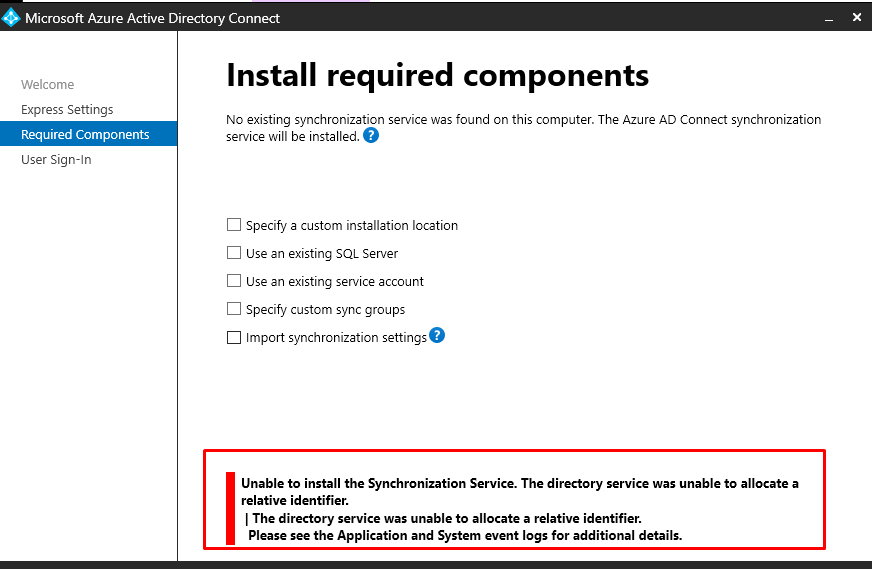 Unable to install the synchronization service error The directory ...