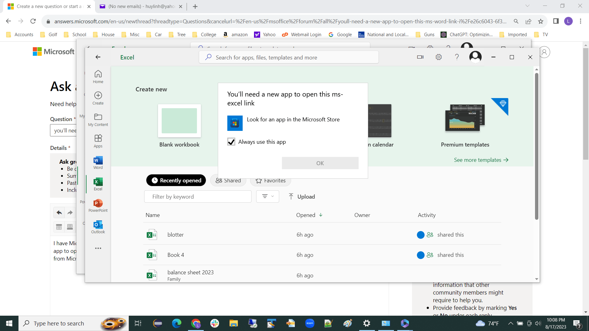 you'll need a new app to open this ms-Excel link - Microsoft Q&A