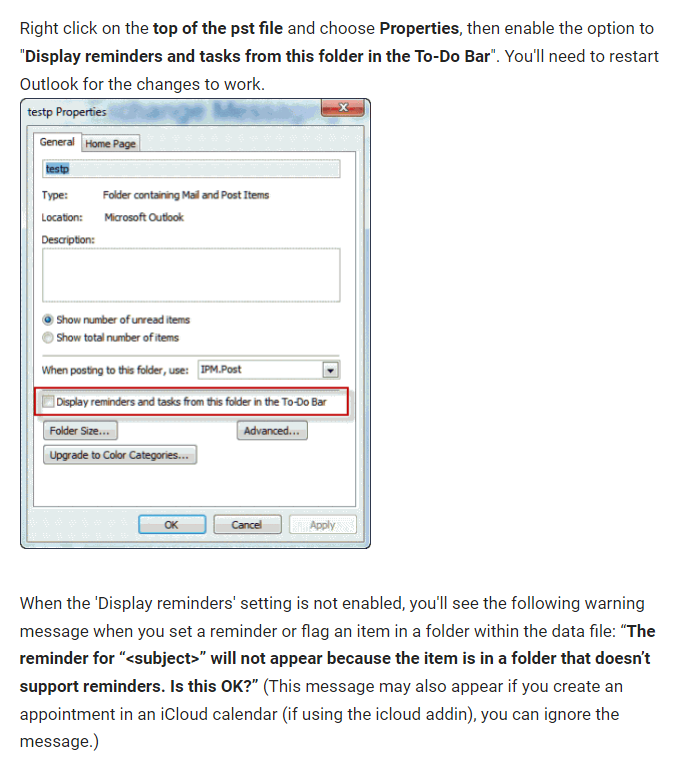the reminder for will not appear because the item is in a folder that ...