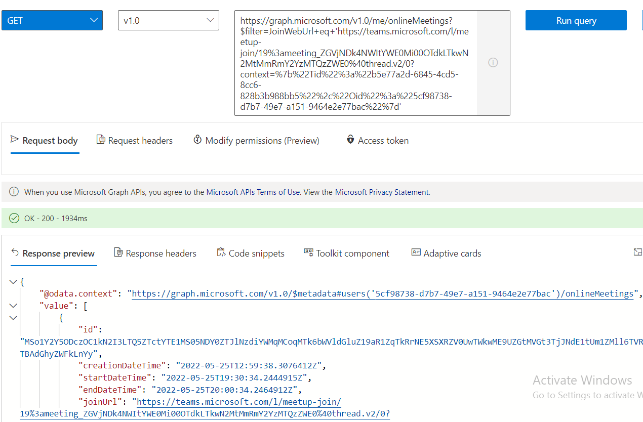 how I get the correct Meeting ID to pass to the GET OnlineMeetings API - Microsoft Q&A