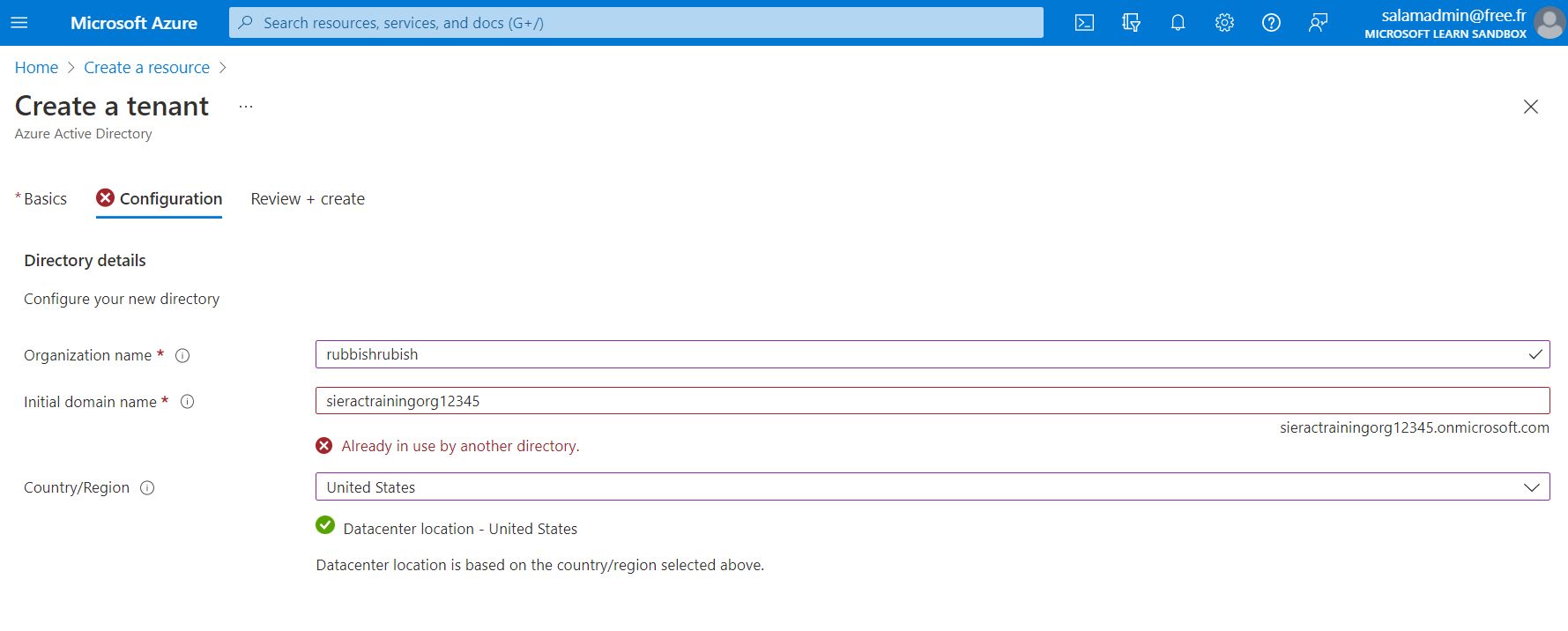 MS Sandbox Learn - Azure AD always says "Already in use by another directory." - Microsoft Q&A