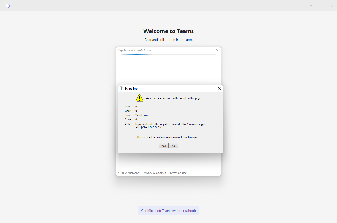 Win11 default Teams login error - An error has occurred in the script ...