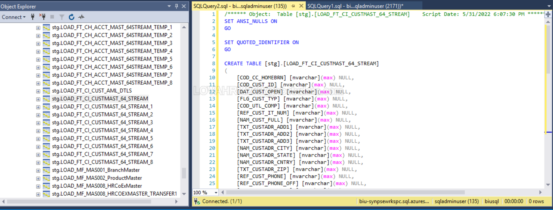 There are some glitch with column definitation in azure synapse data warehouse table ...