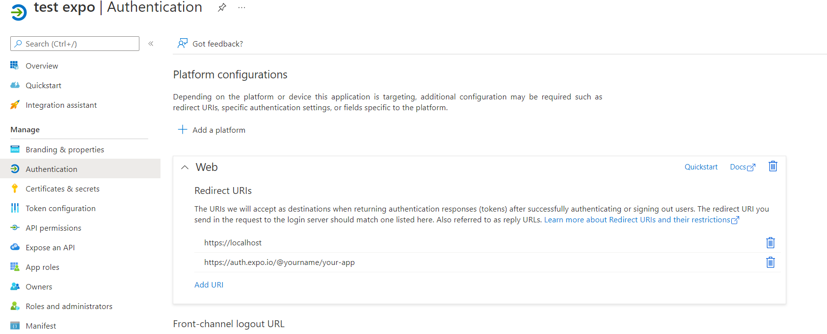 Azure Active Directory App Registration doesn't accept the Expo Go Proxy redirect URI ...