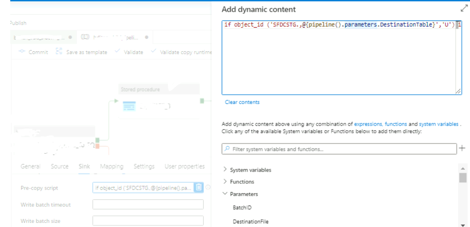 drop table as parameters in synapse dedicated sql pool with pre-copy script using sink side of ...