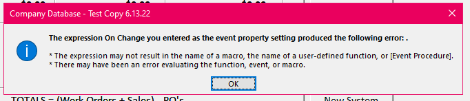 Error When Clicking on new Tab - "The expression On Change you entered as the event property ...