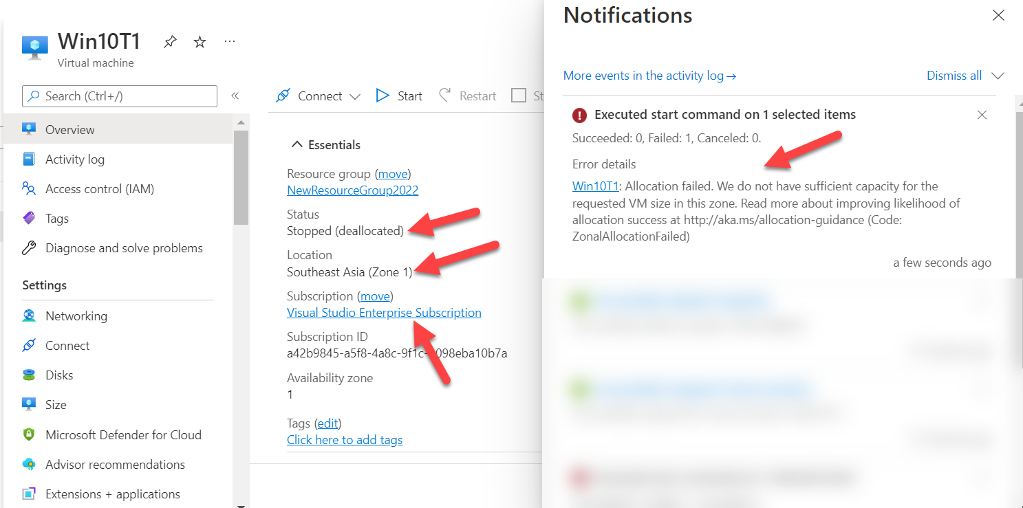 I stopped (deallocated) VM. After that. I can't start VM. Error. Allocation failed. - Microsoft Q&A