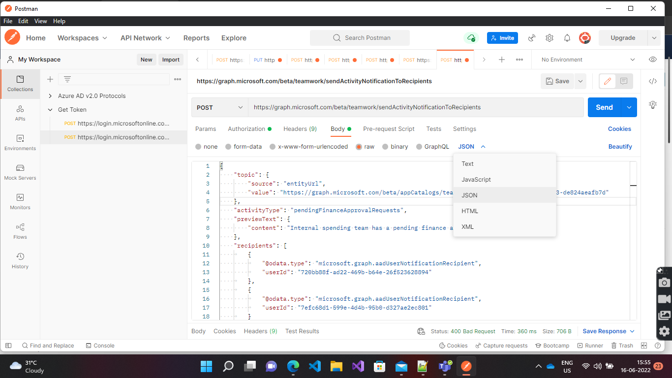 Error In Postman When Sending Activity Notification Microsoft Qanda