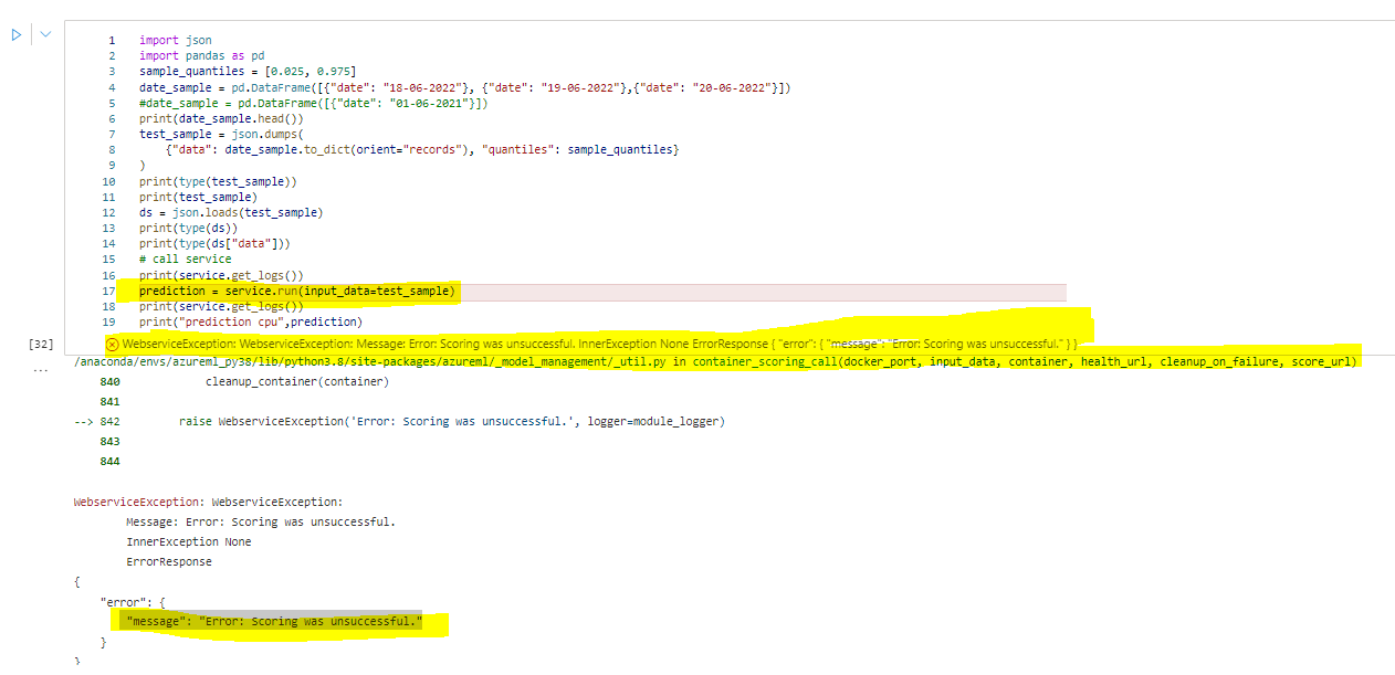 Azure Message Error Scoring Was Unsuccessful When We Run