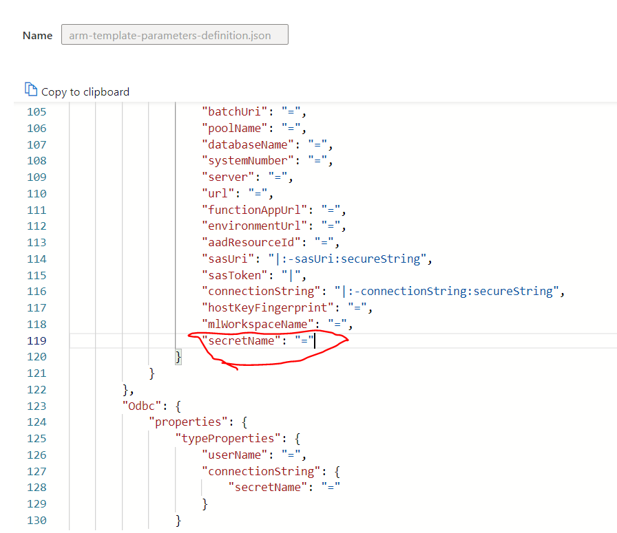 Azure Data Factory Arm Template Does Not Parametrize Secretname For Sql
