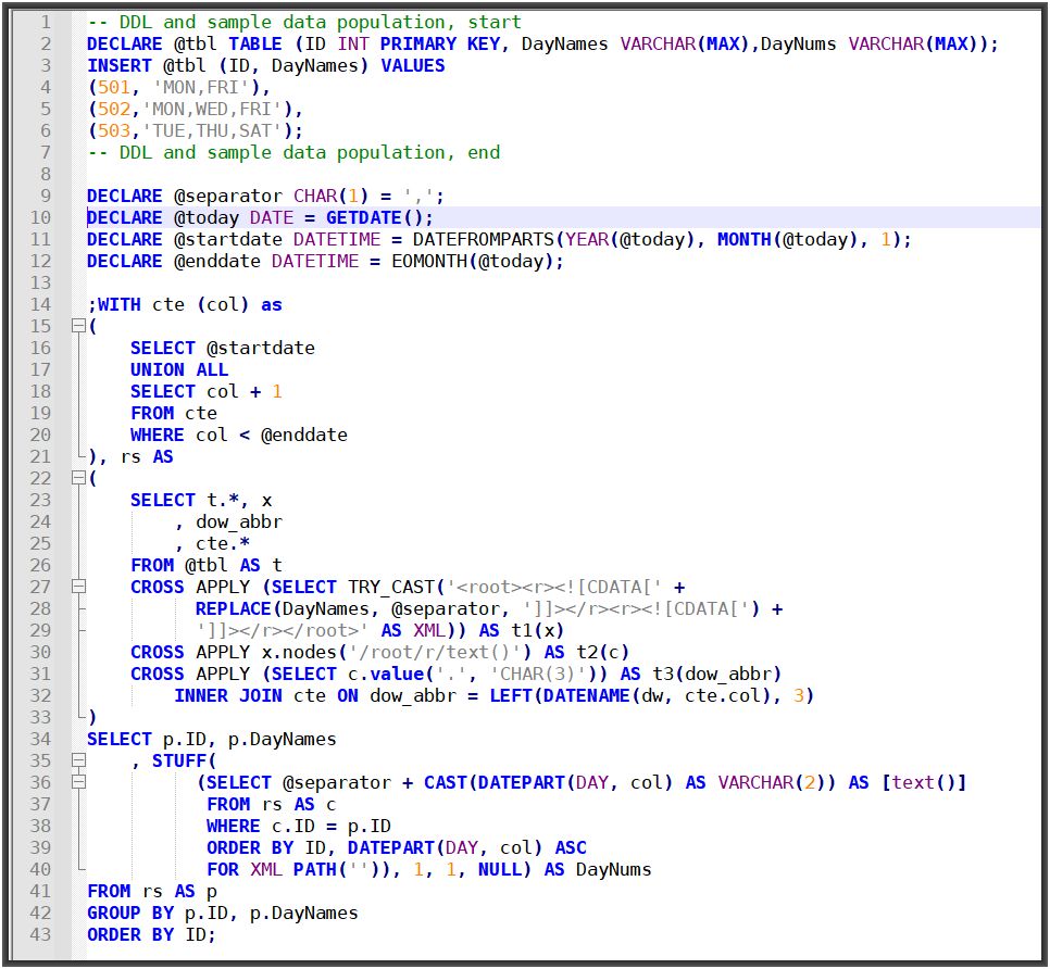How to Get & Insert day numbers based on Day Names in MS SQL ...