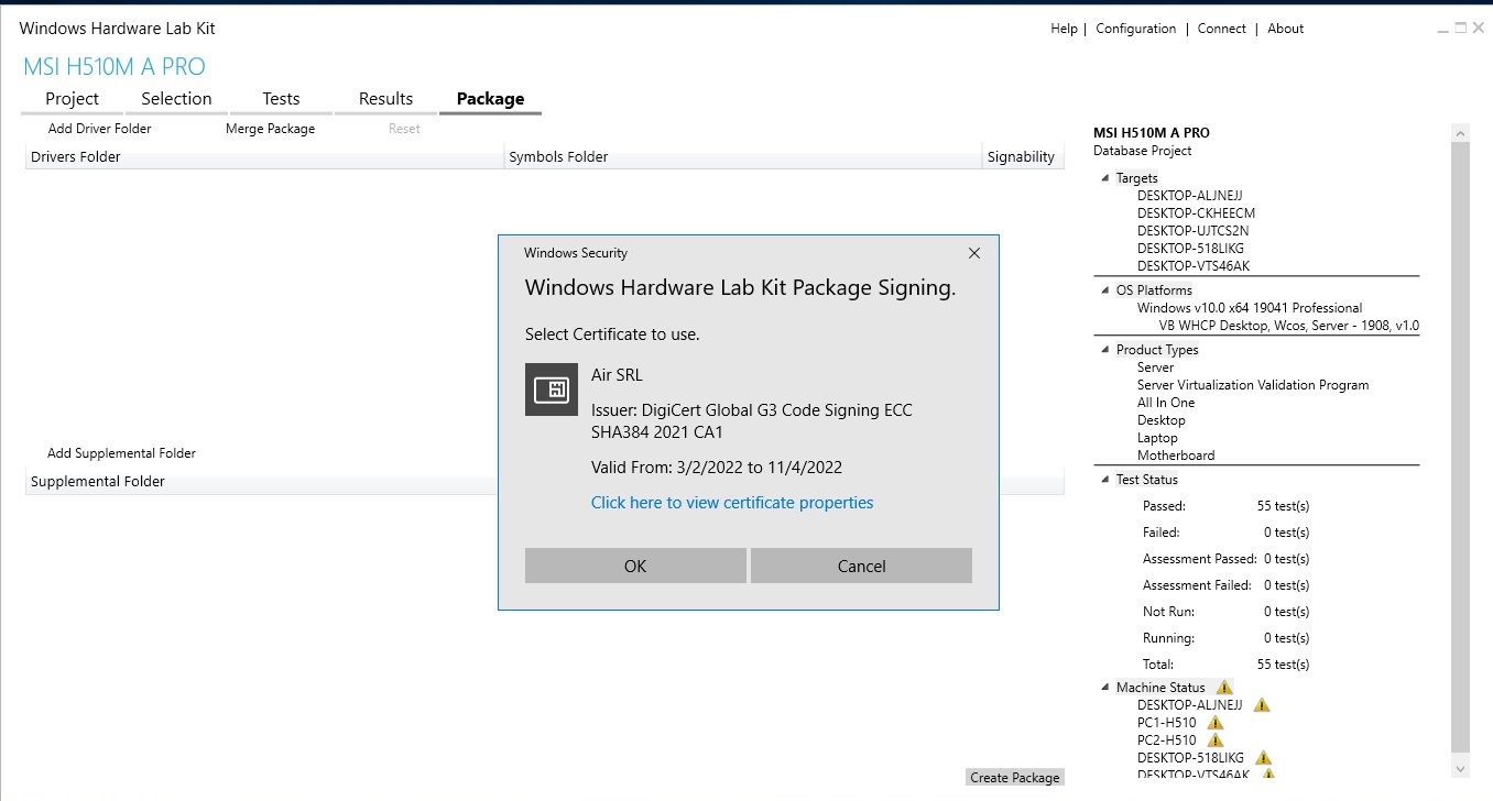 Unable to use the selected certificate a hlkx package - Microsoft Q&A