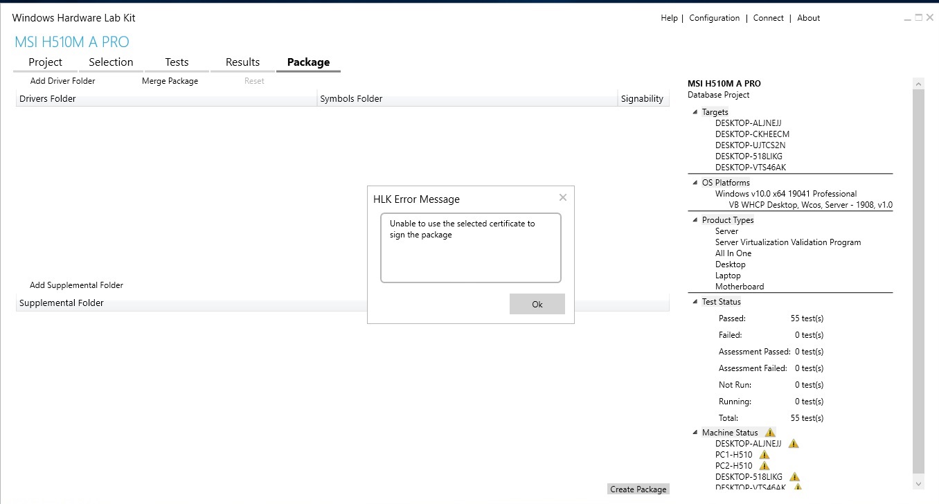 Unable to use the selected certificate a hlkx package - Microsoft Q&A
