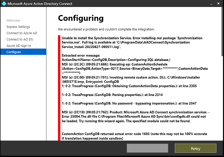 AAD Connect Install Fails - Microsoft Q&A
