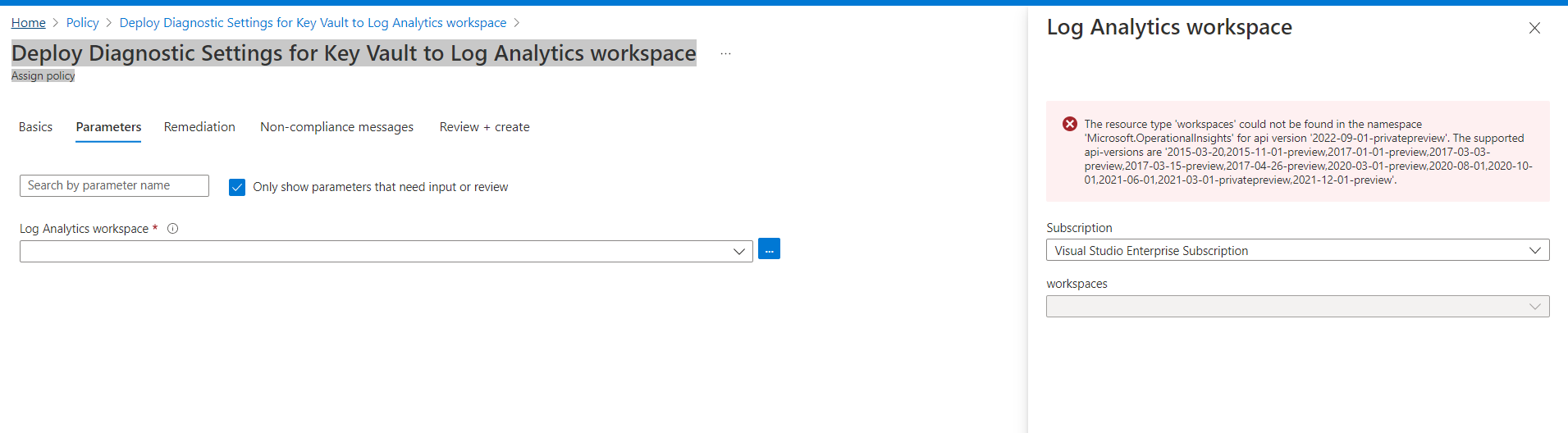 Deploy Diagnostic Settings For Key Vault To Log Analytics Workspace Assign Policy Is Not Working