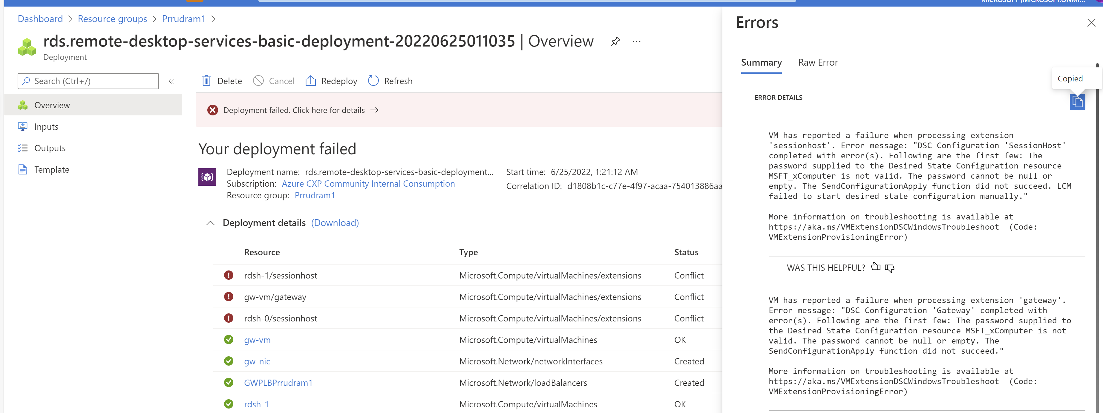 Extension Conflicts when creating Remote Desktop Services (RDS) - Basic ...
