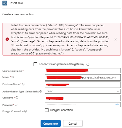Logic App (Standard)/Azure Database for PostgreSQL flexible server -'No such host is known ...