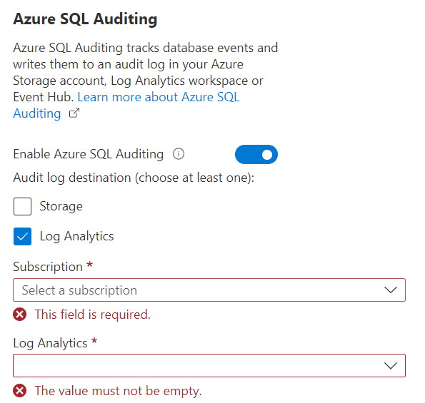 Azure Sql Audit Settings Arm Support Log Analytics Microsoft Qanda