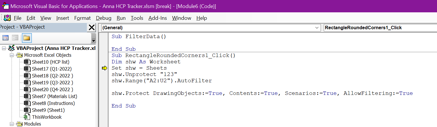 VBA for filtering data button on a protected sheet - Microsoft Q&A