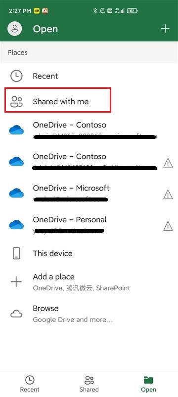 Onedrive "Shared with me" files missing on Android Office Apps ...