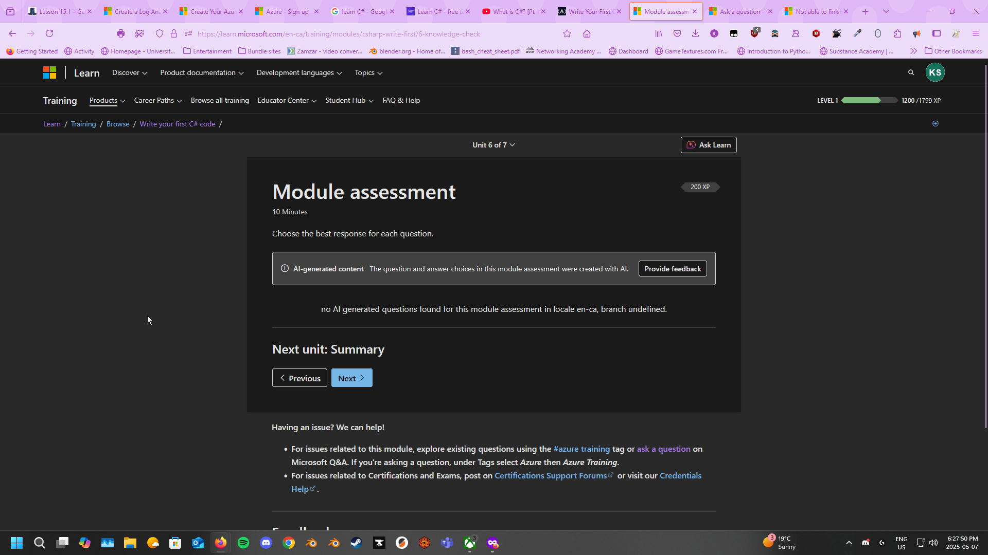 Unable to do module assessment of the Write Your First C# Code module ...