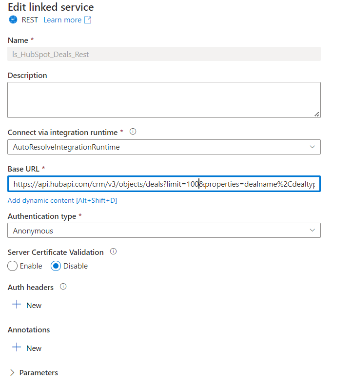 Azure Data Factory Rest Api Call To Hubspot Copy Activity Response Provide Url But Missing