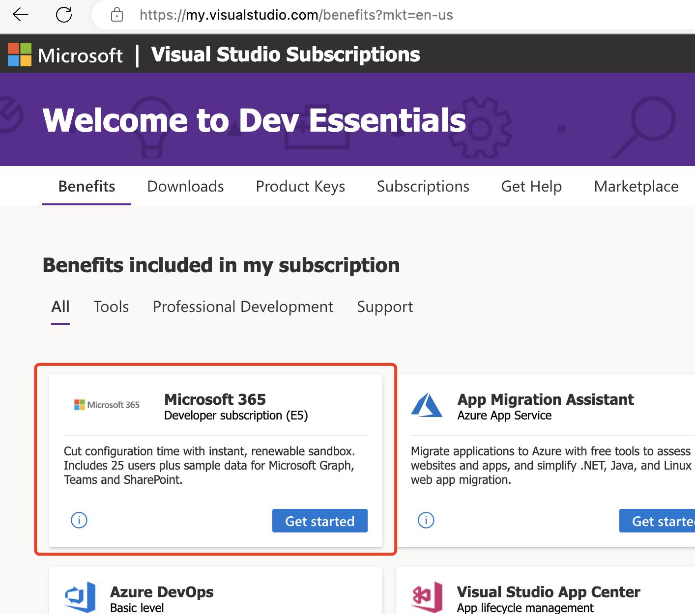 in Dev Essentials, i have Microsoft 365 Developer subscription (E5), but i can't get it ...