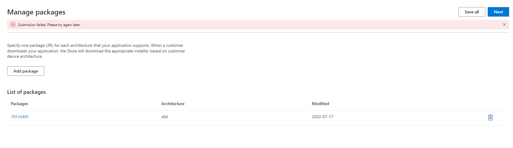 Unable to submit to Microsoft app store (msi). Packages step won't show ...