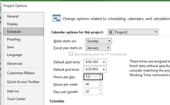 In MS Project the "Change Working Time" facility does strange things ...