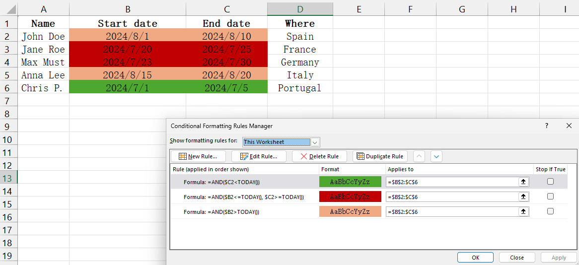 How do I format cells to change colour based on if the date range shown ...
