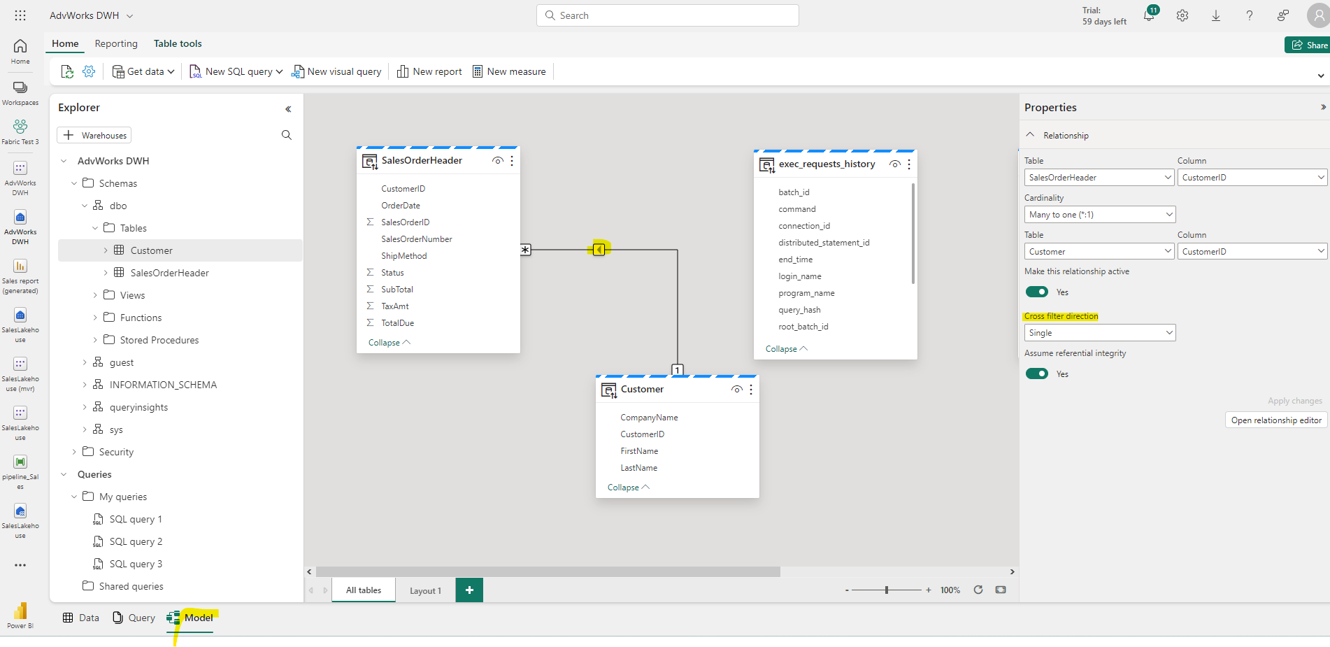 In Power BI Report Builder, in Query Designer, relationships that are ...