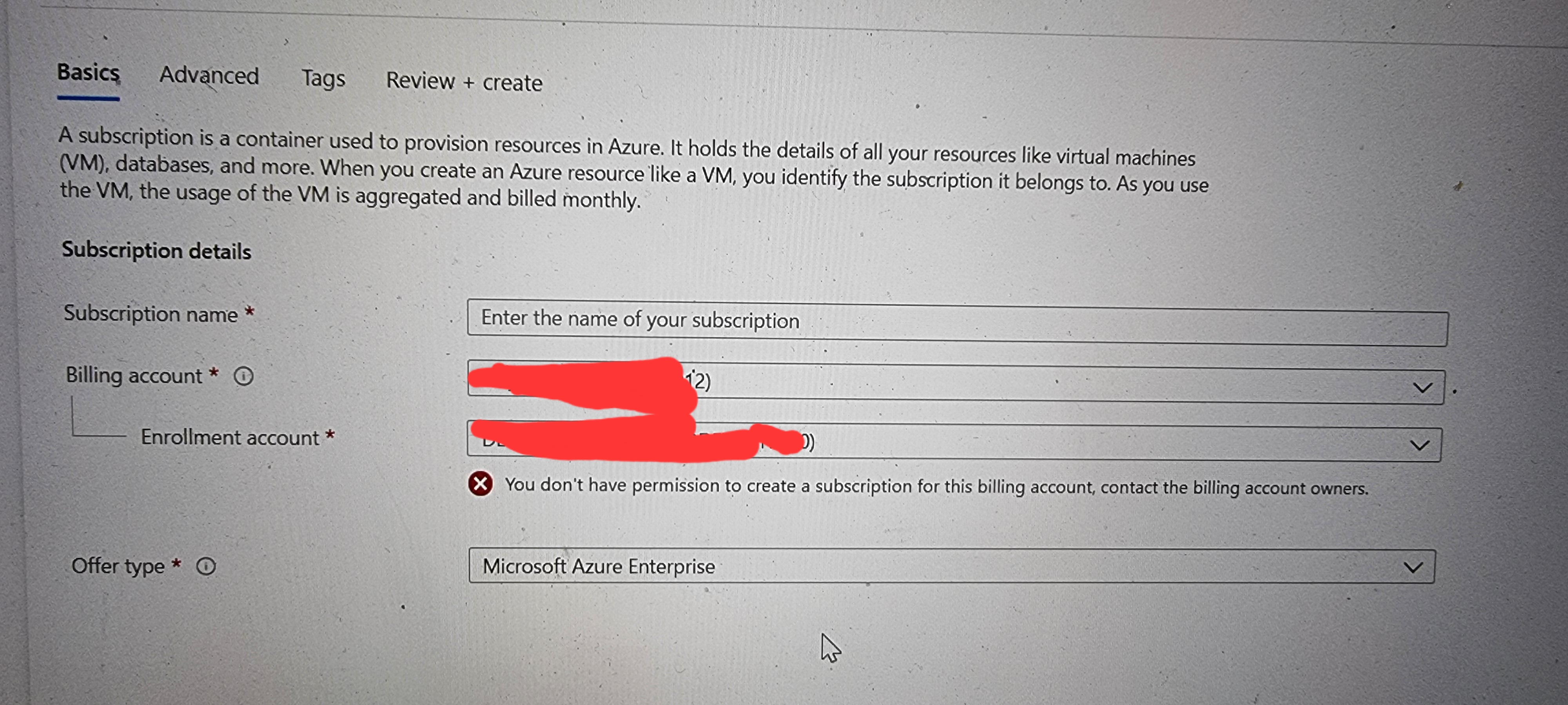 Subscription creation error with EA account - Microsoft Q&A