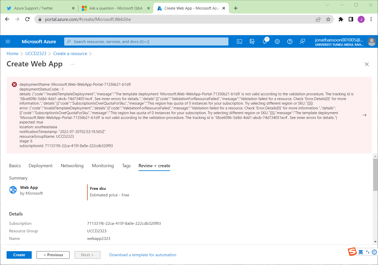 why i cannot create a web app successfully? - Microsoft Q&A
