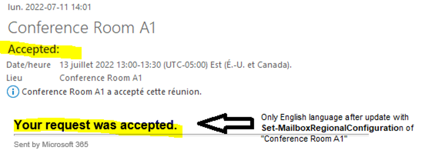 Room booking response in the Teams calendar is only in English language ...