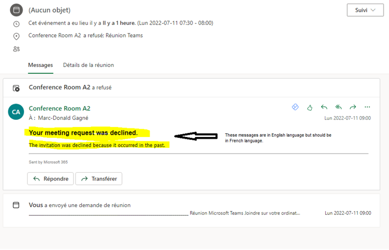 Room booking response in the Teams calendar is only in English language ...