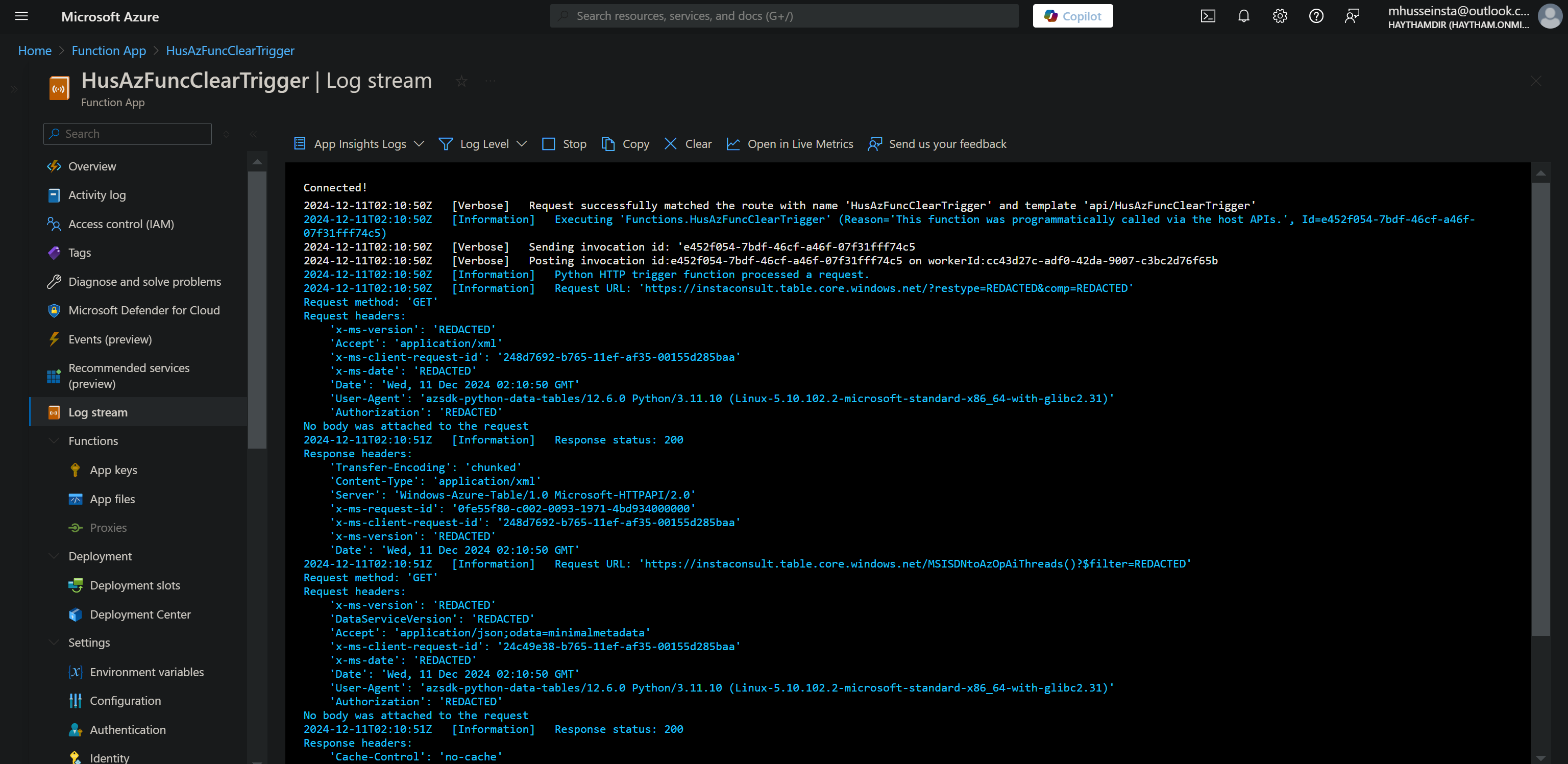 Viewing logs of Azure functions - Microsoft Q&A