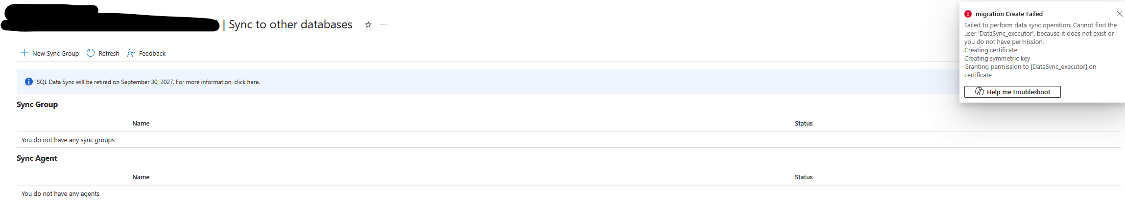 Azure SQL: Adding a new data sync group fails - Microsoft Q&A