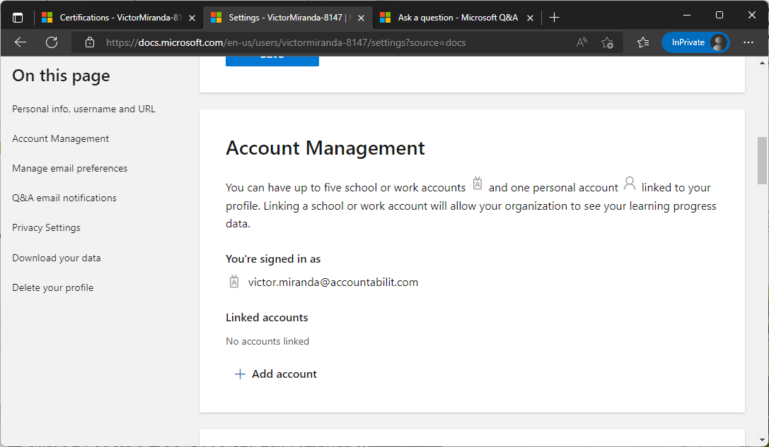 Unable to connect personal account to work certificaiton profile ...