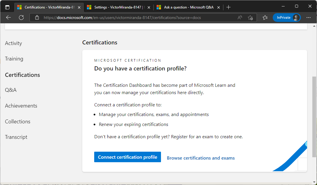 Unable to connect personal account to work certificaiton profile ...