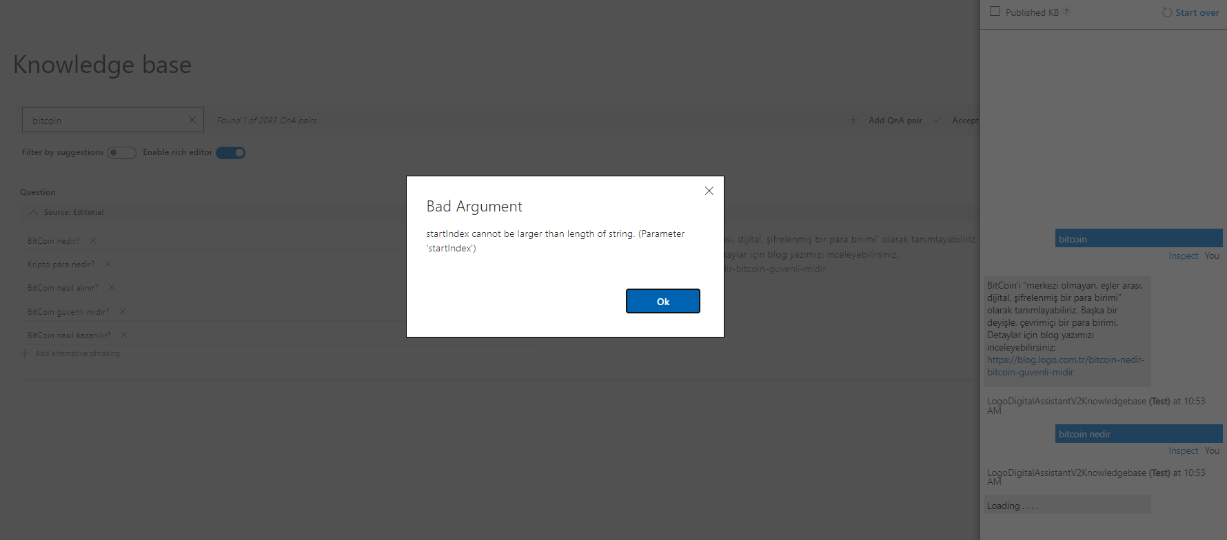 QnA Maker Portal Kbase Test raises error Bad Argument startIndex cannot ... QnA Maker Portal Kbase Test raises error Bad Argument startIndex cannot ...