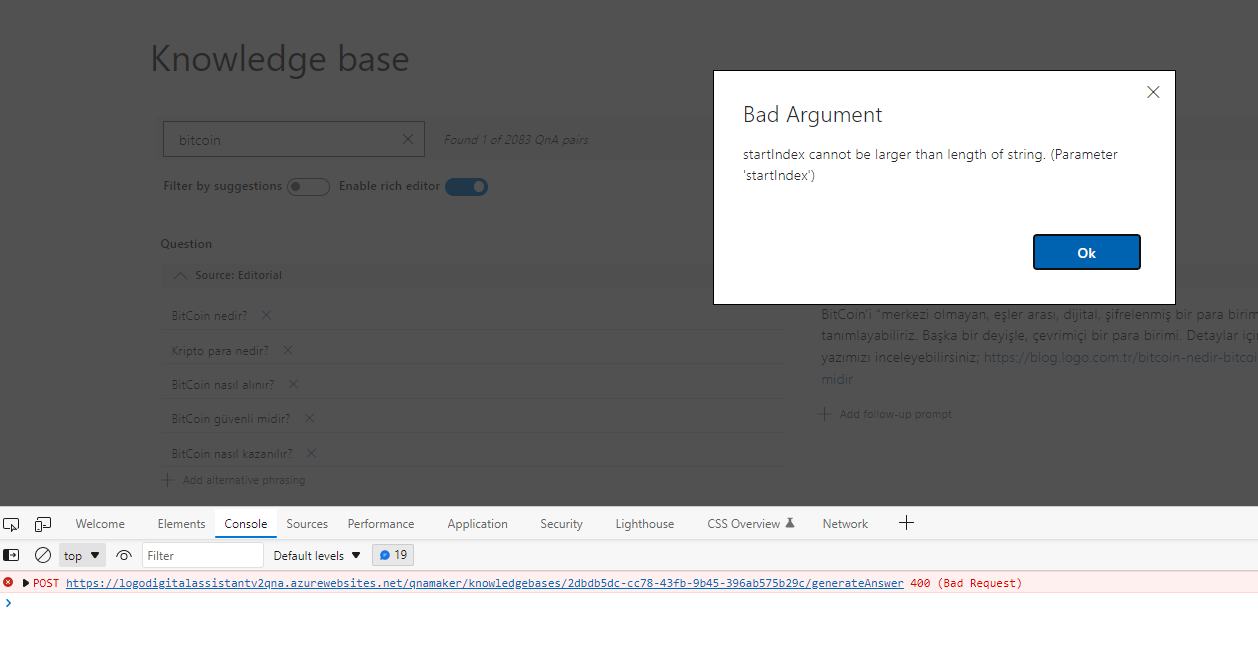QnA Maker Portal Kbase Test raises error Bad Argument startIndex cannot ... QnA Maker Portal Kbase Test raises error Bad Argument startIndex cannot ...