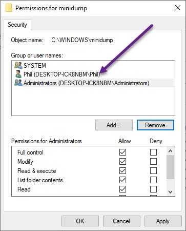 Unable to change permissions for a minidump file. - Microsoft Q&A