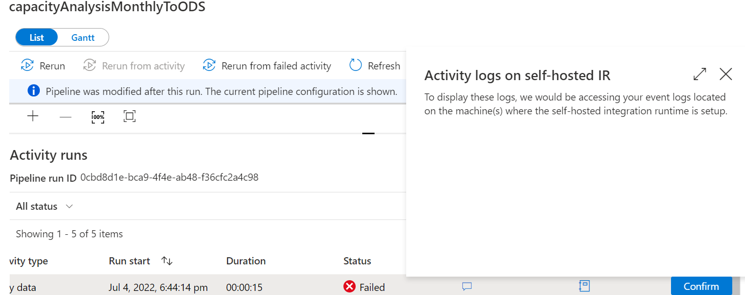 Unable to see self-hosted integration runtime (IR) logs in Activity run ...