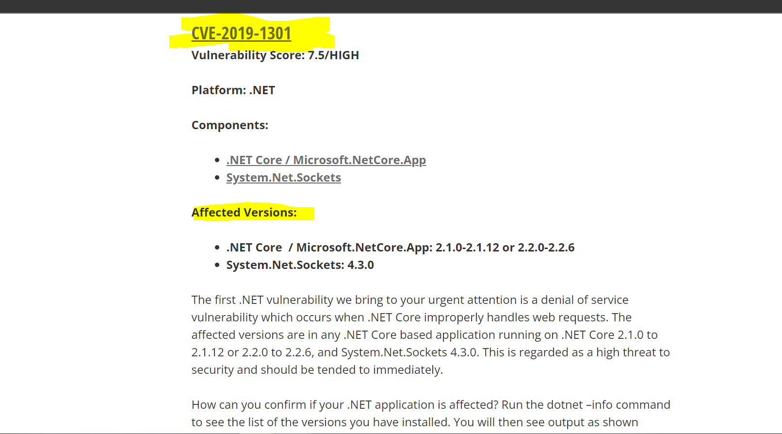 Is System.Net.Sockets 4.3.0 part of the CVE-2019-1301 vulnerability? - Microsoft Q&A