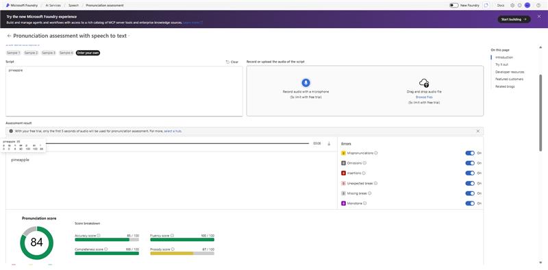 Azure Speech Pronunciation Assessment: Word and Phoneme level ...