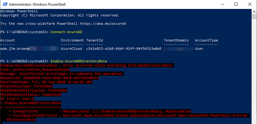 Enable-AzureADDirectoryRole Authorization_RequestDenied - Microsoft Q&A