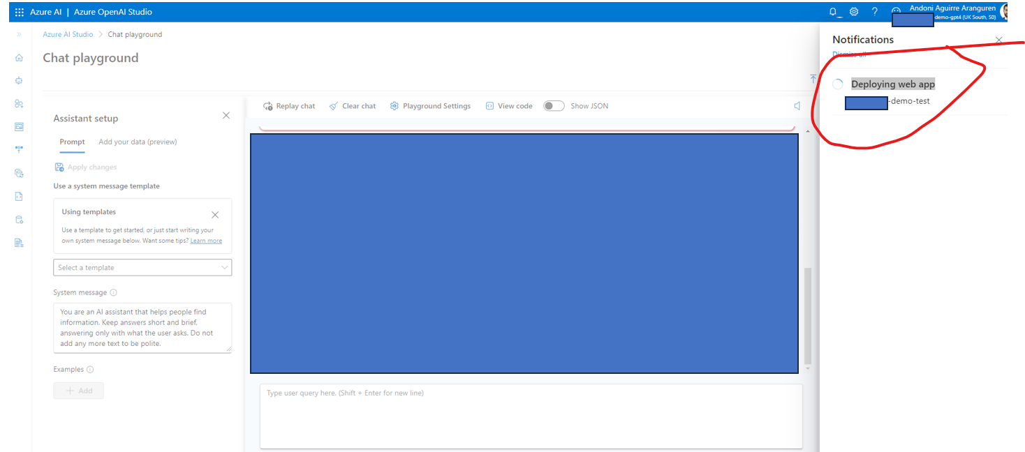 Eternal "Deploying web app" in Azure OpenAI Studio (UK South region ...