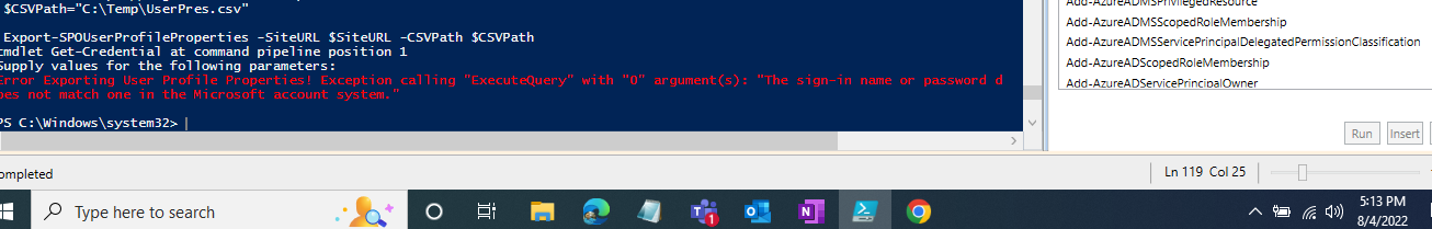 Needs to export only 4 custom properties from user profile of SPO ...