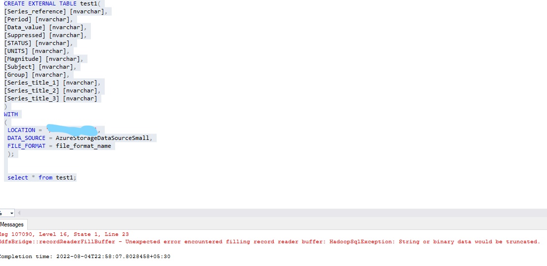Unable to create the external table - Microsoft Q&A