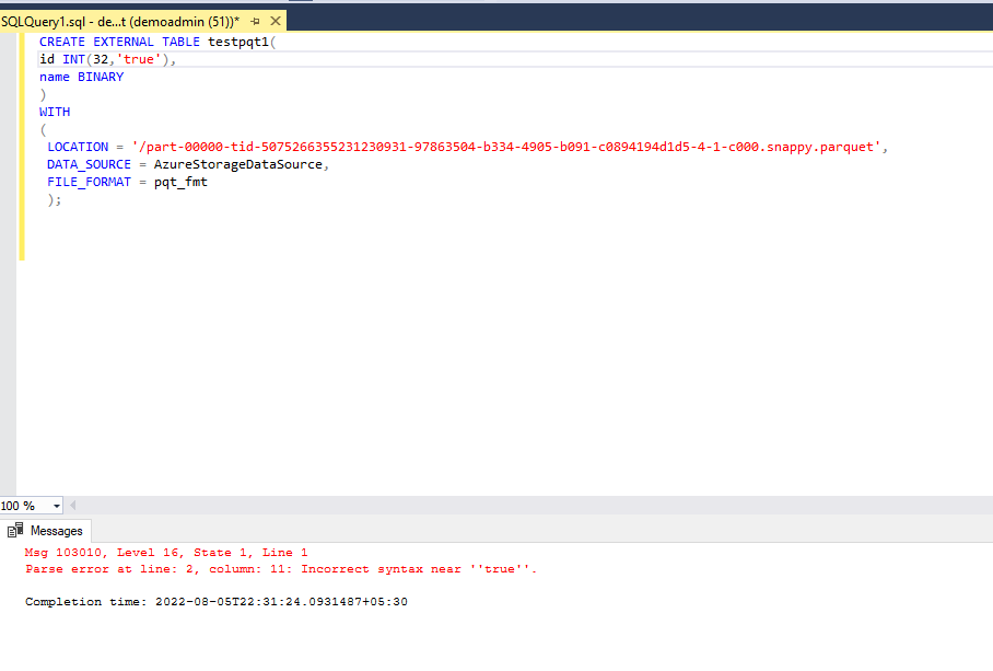 Unable to create external tables where the file is present in parquet ...